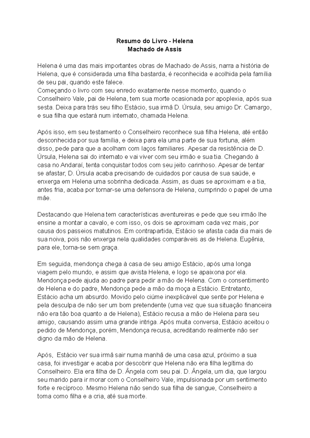 Resumo do Livro - Helena (Machado de Assis) Análise e Personagens - Studocu