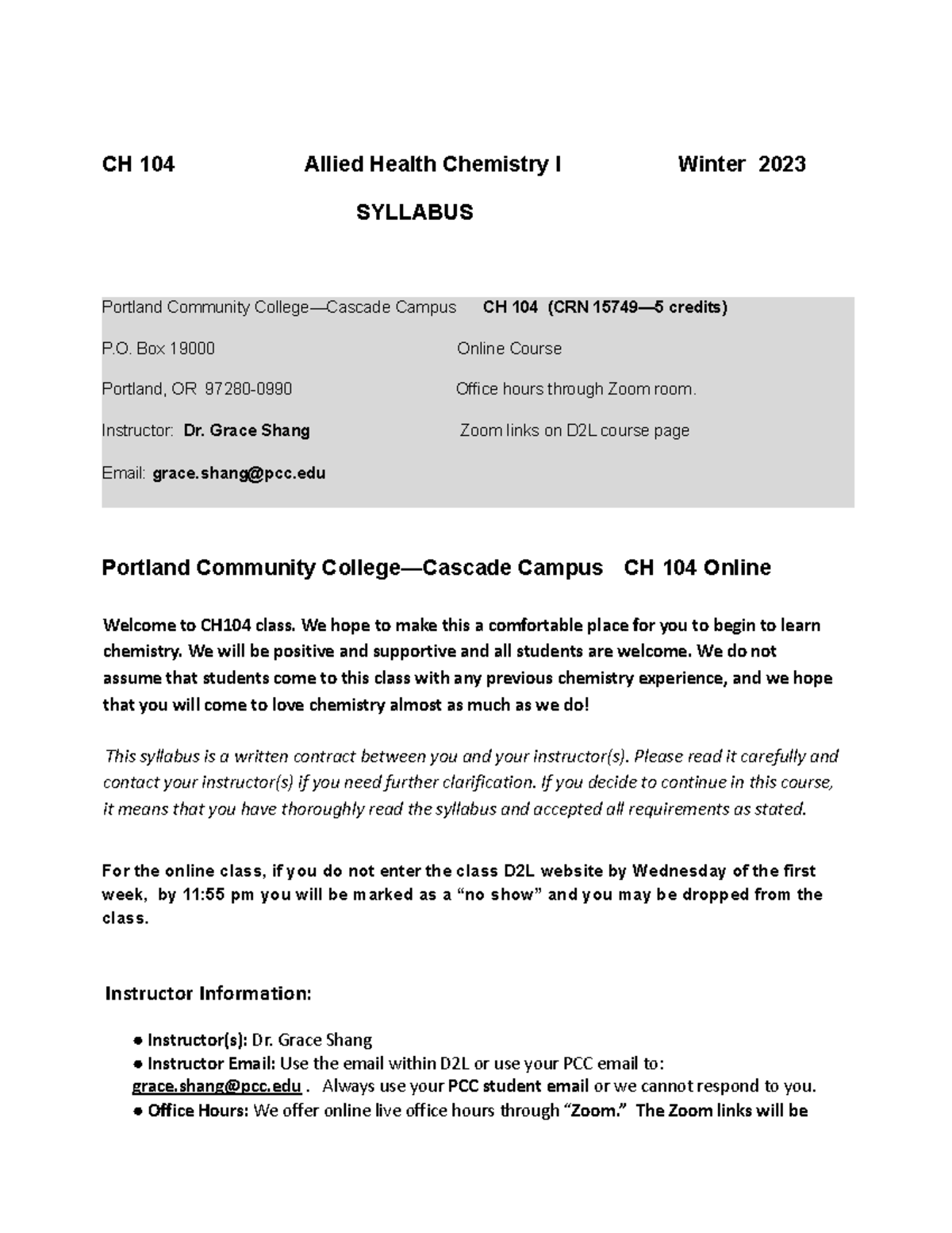 CH 104 Allied Health Chemistry I Syllabus Winter 2023 - Studocu