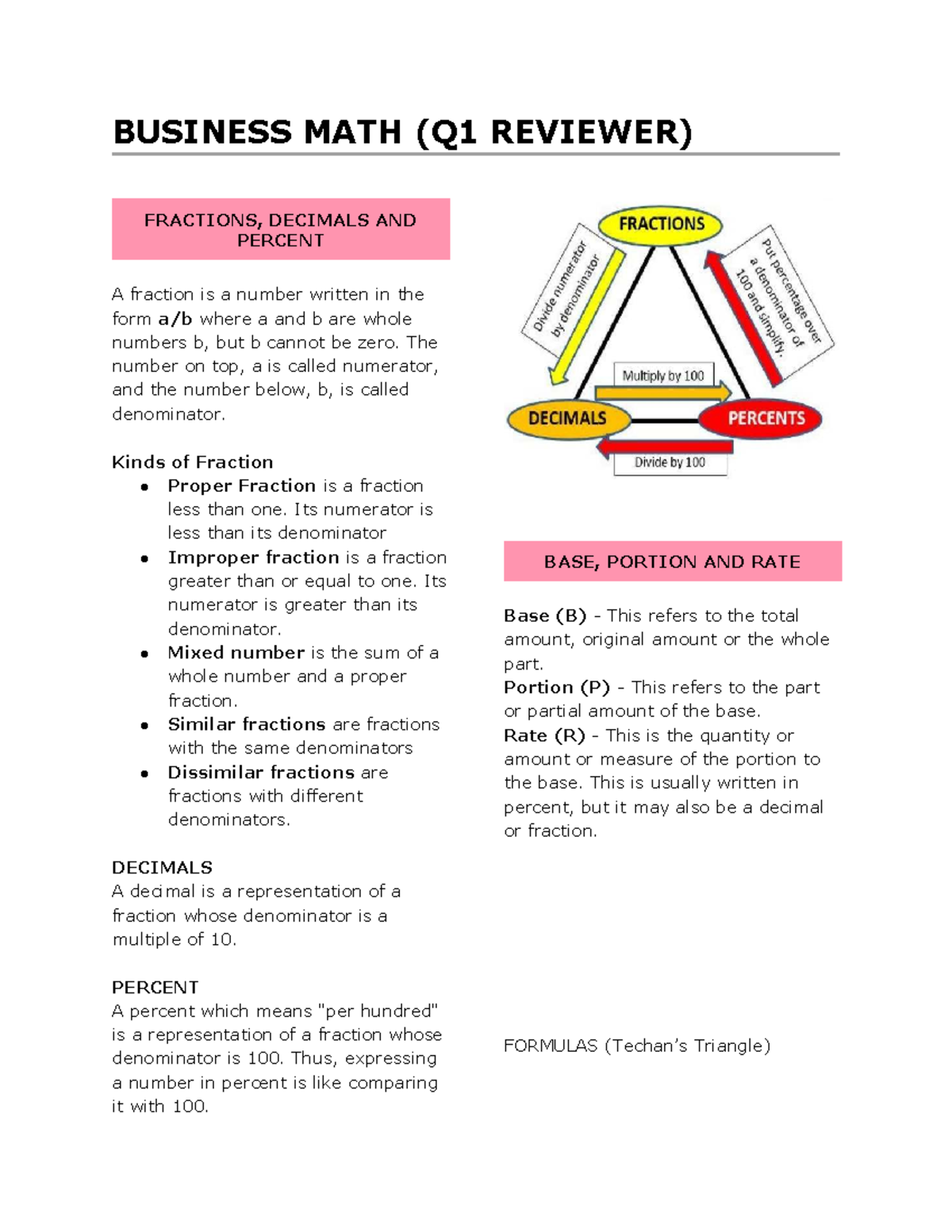 BUSINESS MATH (Q1 REVIEWER) FRACTIONS, DECIMALS & PERCENTS - Studocu