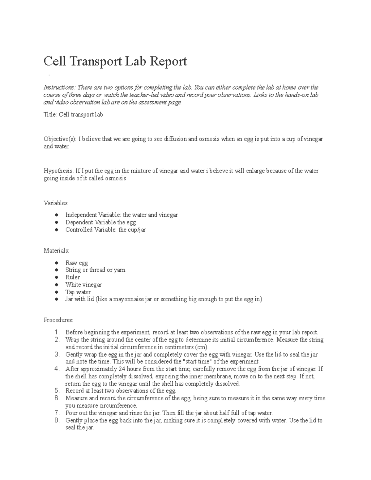 Cell Transport Lab Report: Observations of Osmosis and Diffusion - Studocu