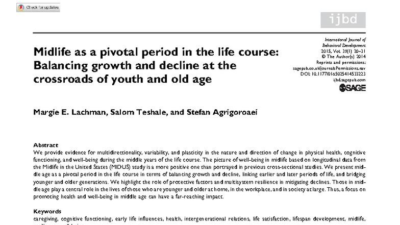MIDUS Study: Midlife as a Pivotal Period in Life Course Dynamics - Studocu