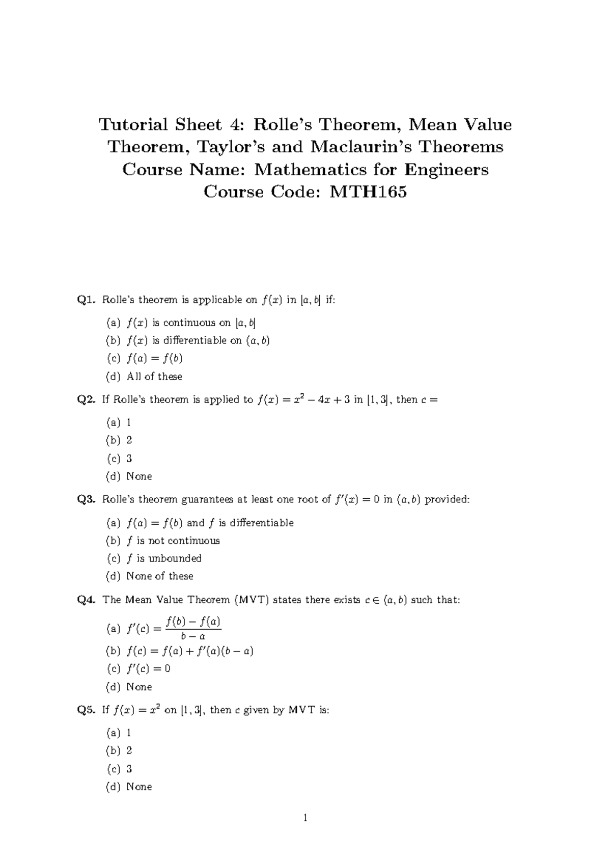 MTH165 Tutorial 4: Theorems, Mean Value Theorem & Applications - Studocu