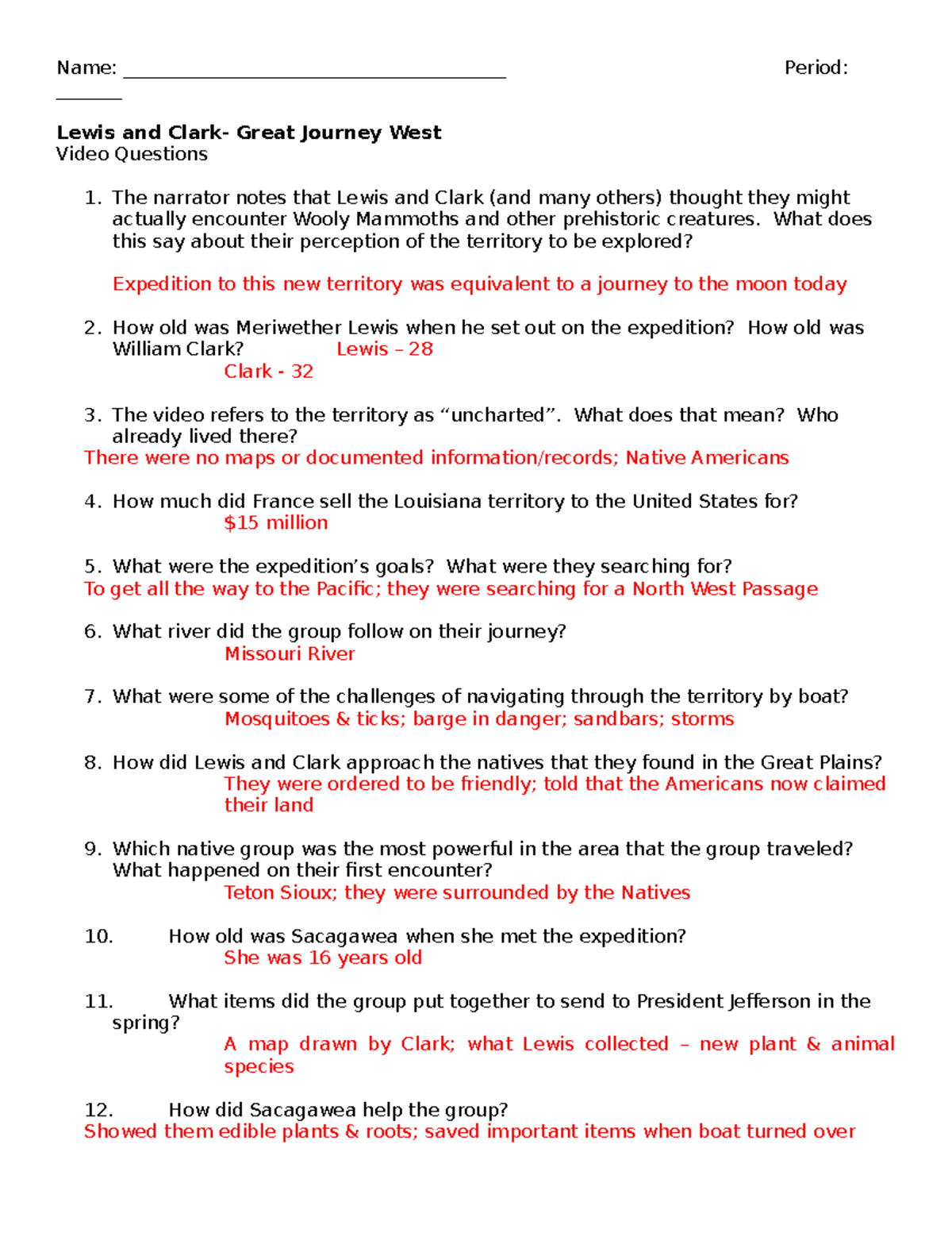 Lewis and Clark (HIST 201) - Great Journey West Video Questions Key ...