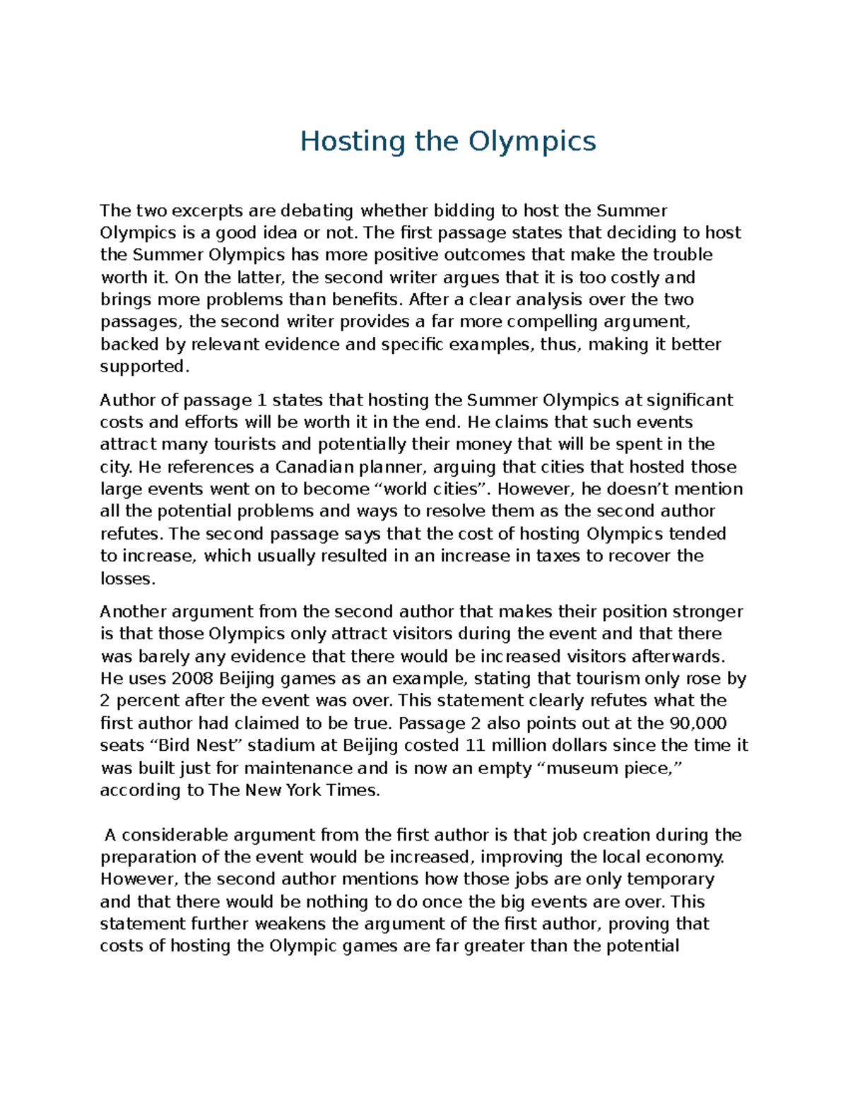 Debate Analysis: Hosting the Olympics - Pros & Cons - Studocu