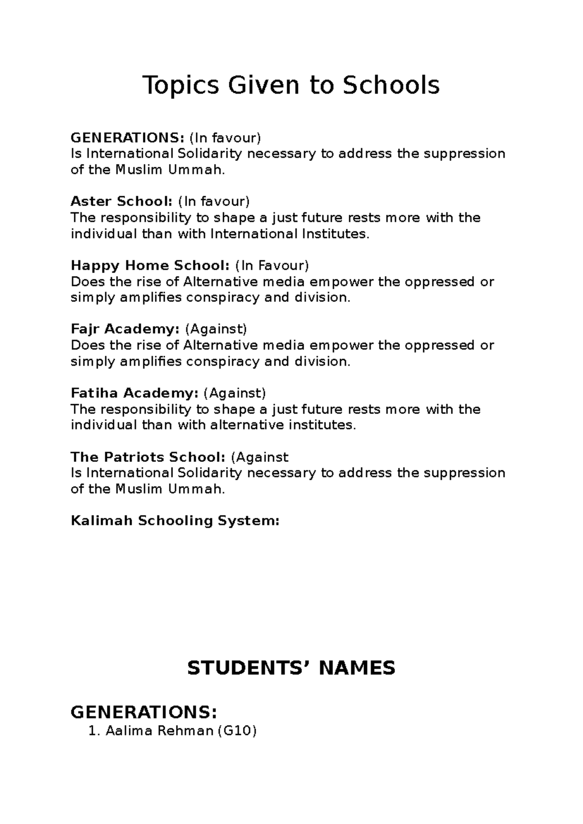 Debate Topics on International Solidarity & Media - G10 - Studocu