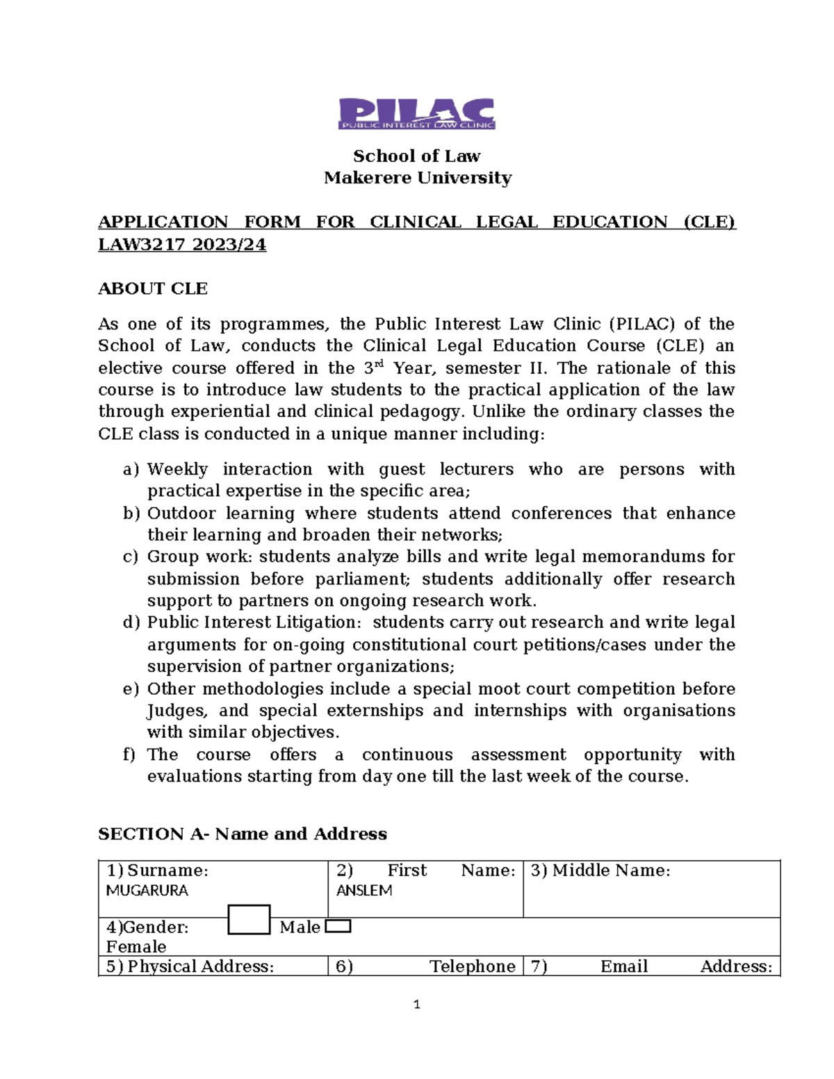 CLE application form 2023 - School of Law Makerere University ...