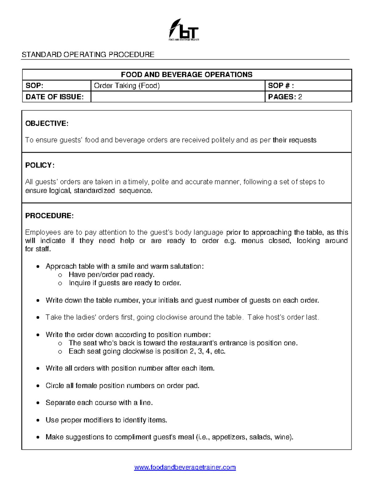 SOP: Food Order Taking Guidelines - Food & Beverage Service - Studocu