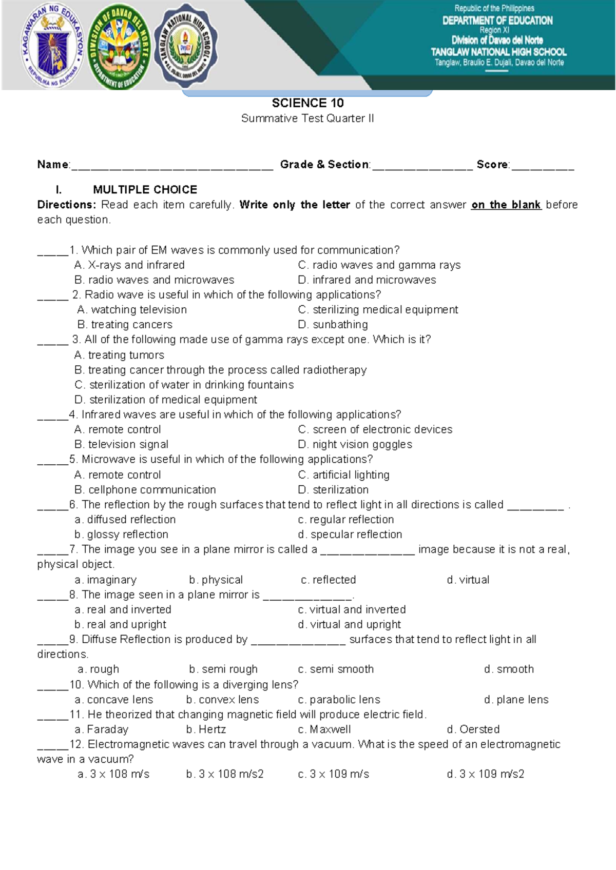 SCIENCE 10 Q2 Summative Test: Electromagnetic Waves & Applications ...