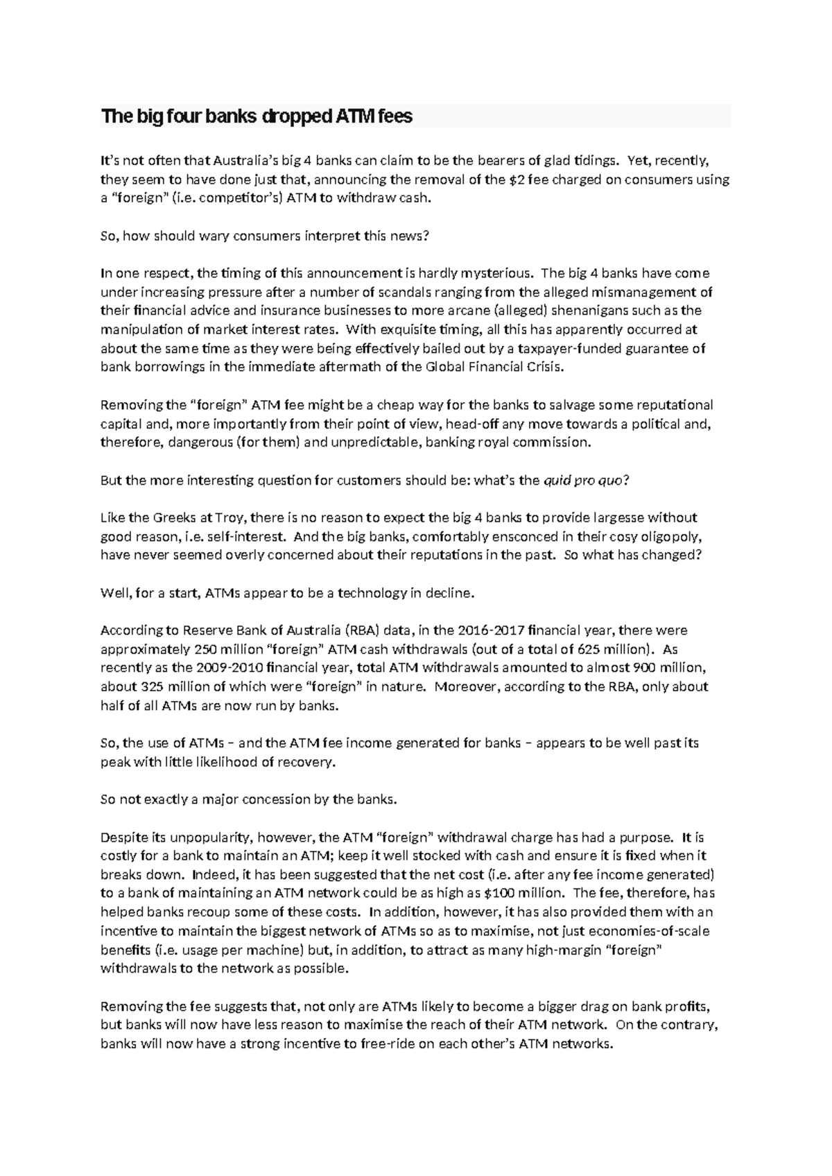ATM Fees Analysis - ECO3025 Insights on Big Four Banks - Studocu