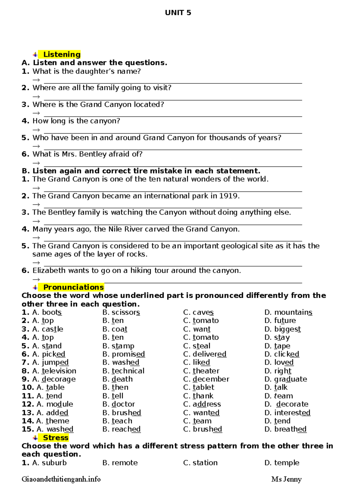 UNIT 5 - Listening & Reading Comprehension Activities - Studocu