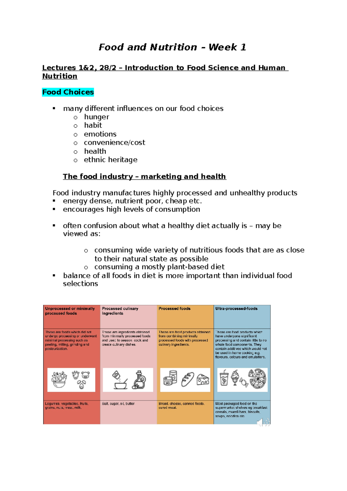 Week 1 Notes - Food and Nutrition – Week 1 Lectures 1&2, 28/2 ...