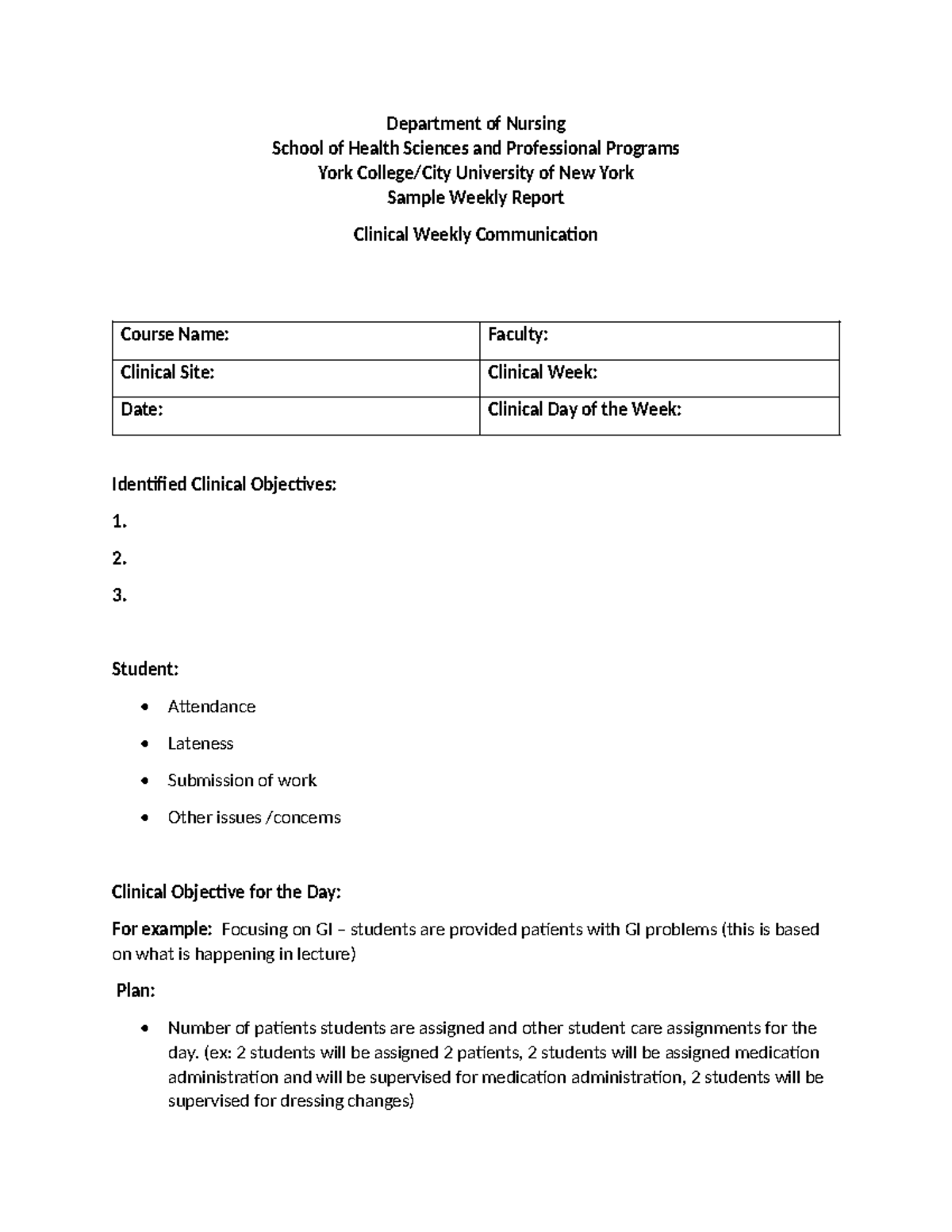 NURS 101 Clinical Weekly Communication Report Example - Studocu