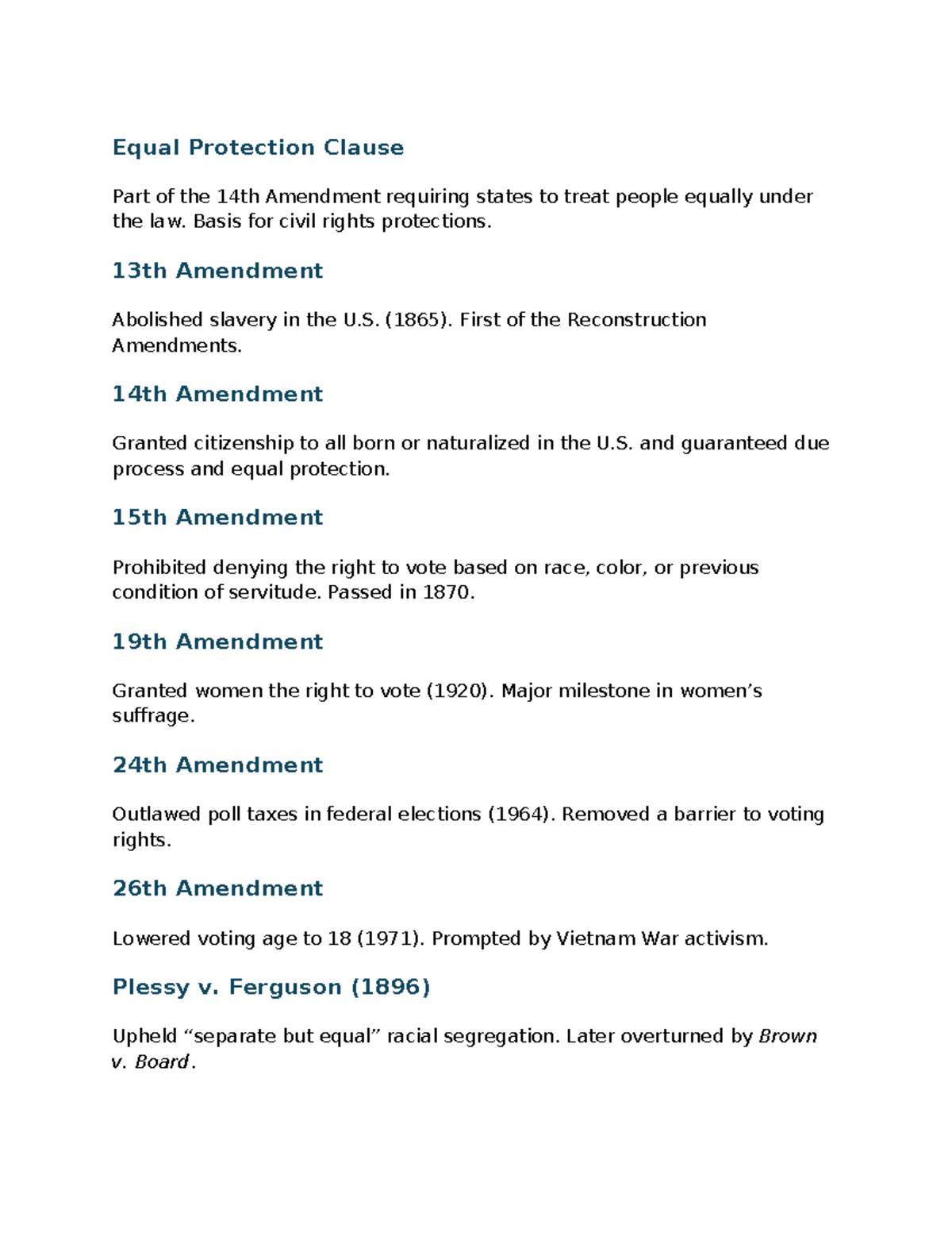 Amendments & Landmark Cases Impacting U.S. Civil Rights - Studocu