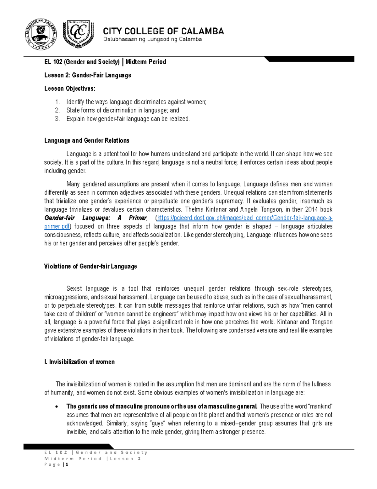 EL 102 │ Midterm Lesson 2: Understanding Gender-Fair Language - Studocu