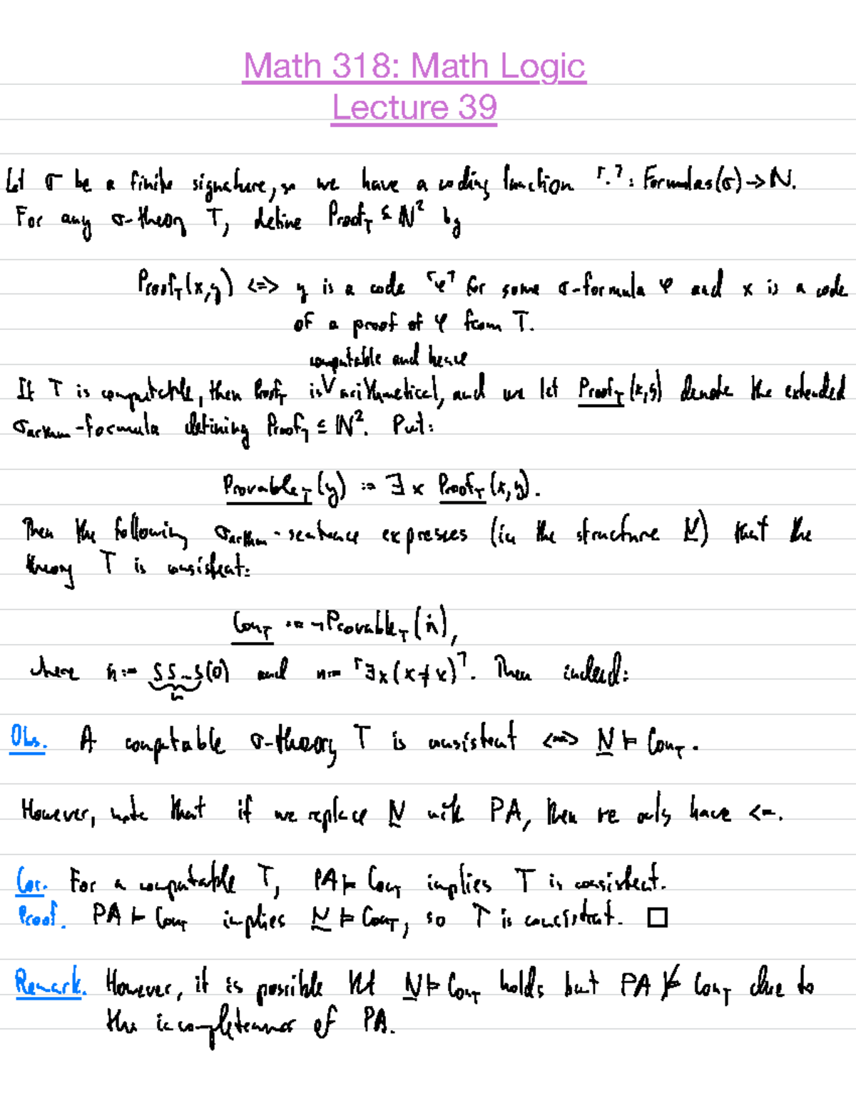 Lecture 39 - 2023 - Course notes - Math 318: Math Logic Lecture 39 Let ...