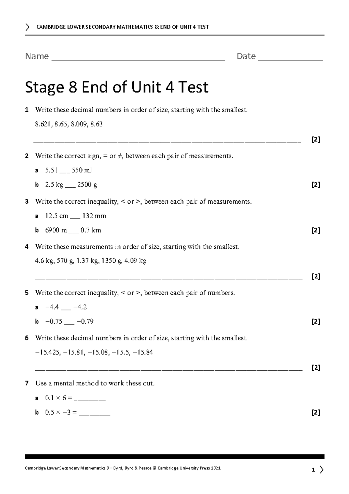 CAMBRIDGE LOWER SECONDARY MATH 8: UNIT 4 TEST REVIEW - Studocu