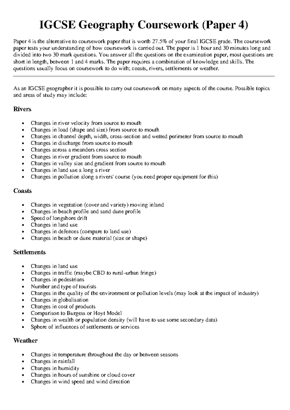 IGCSE Geography Coursework (Paper 4) Guide and Methodology - Studocu