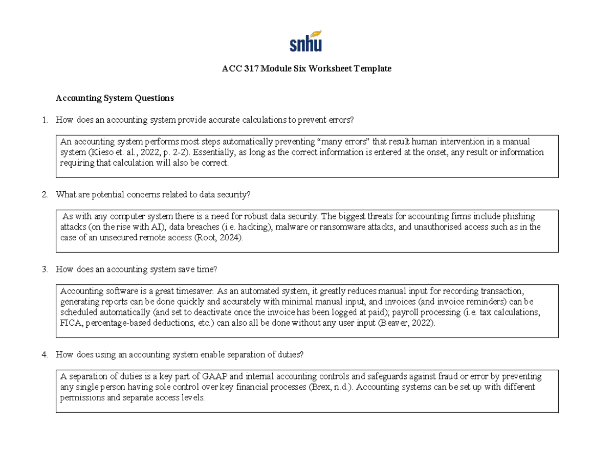 ACC 317 Module Six Worksheet: Accounting System Insights and Analysis ...
