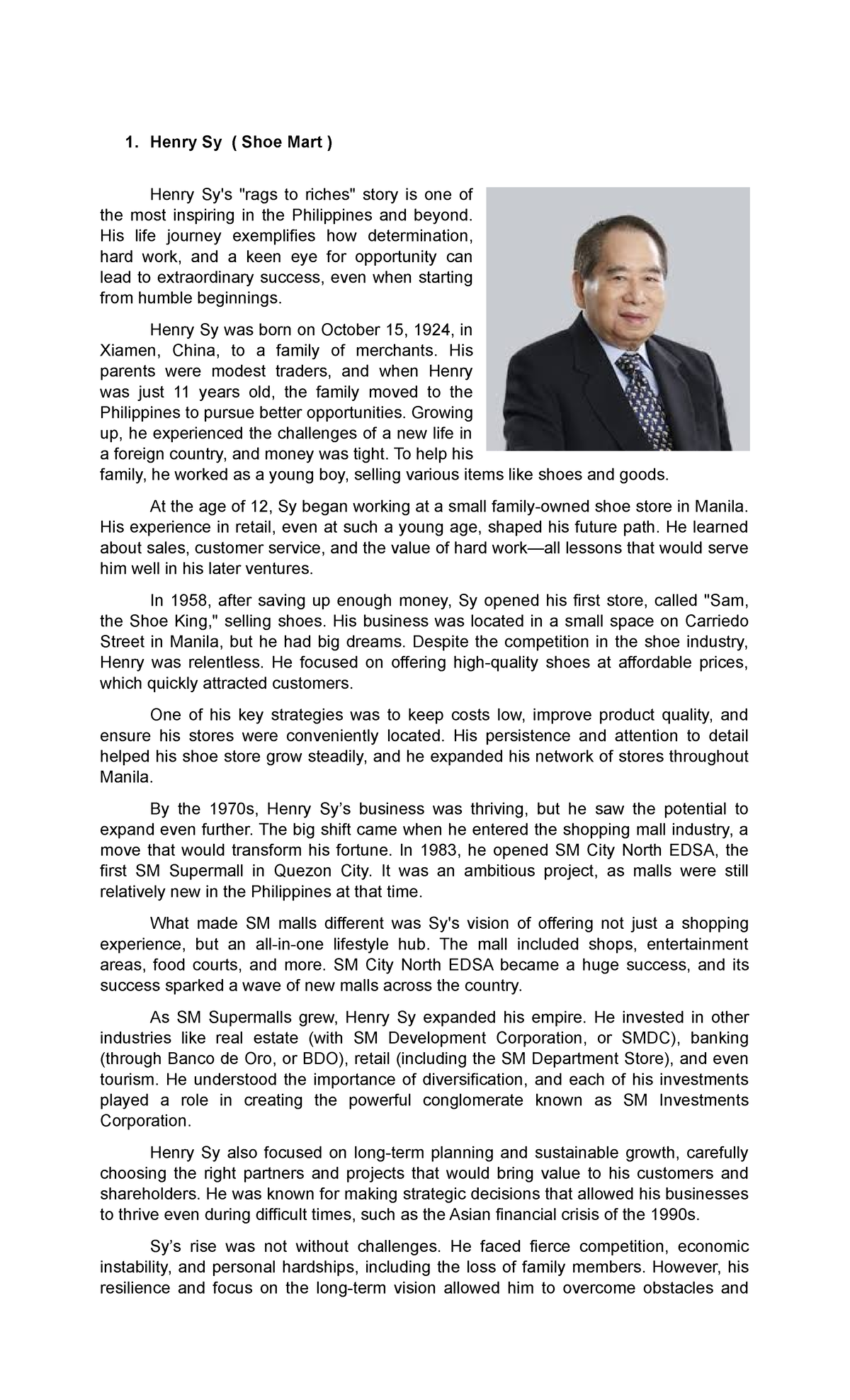 15 Successful Entrepreneurs in the Philippines - Henry Sy ( Shoe Mart ...