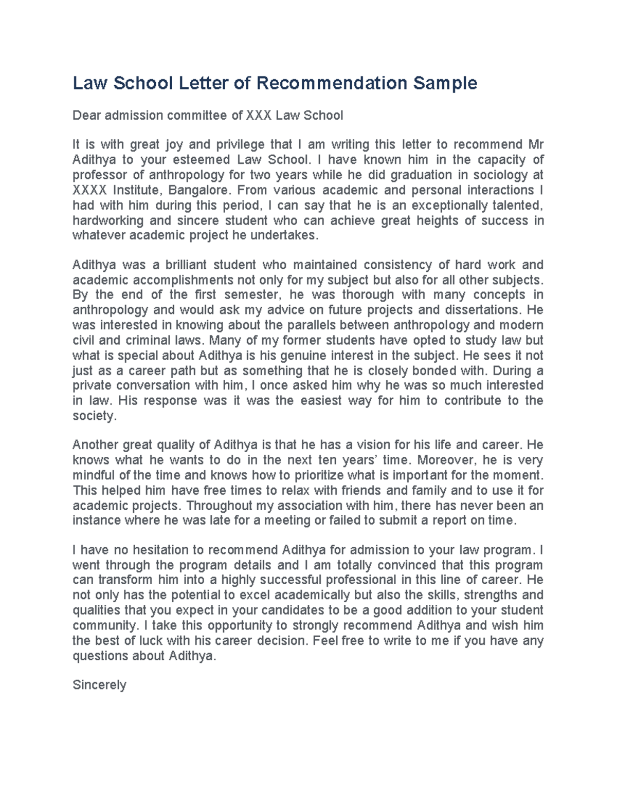 Law School Letter of Recommendation for Adithya - Sample 18 - Studocu