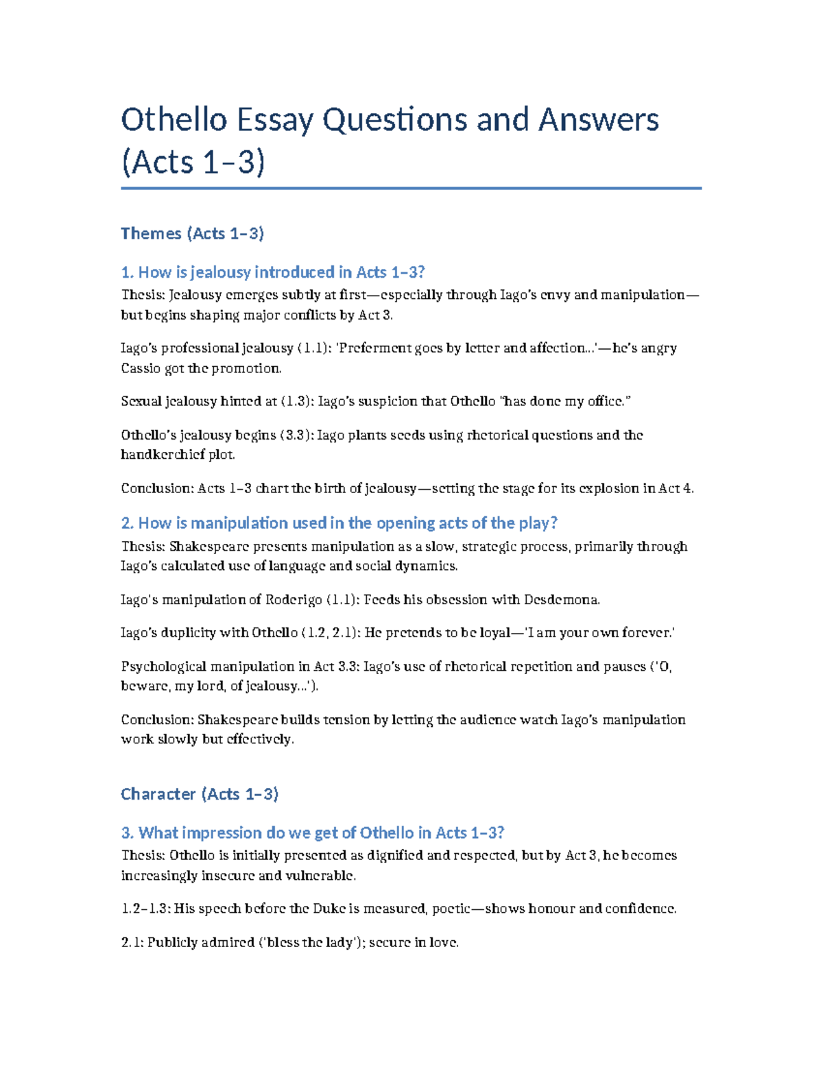 Othello Essay Questions & Analysis: Acts 1-3 Insights - Studocu