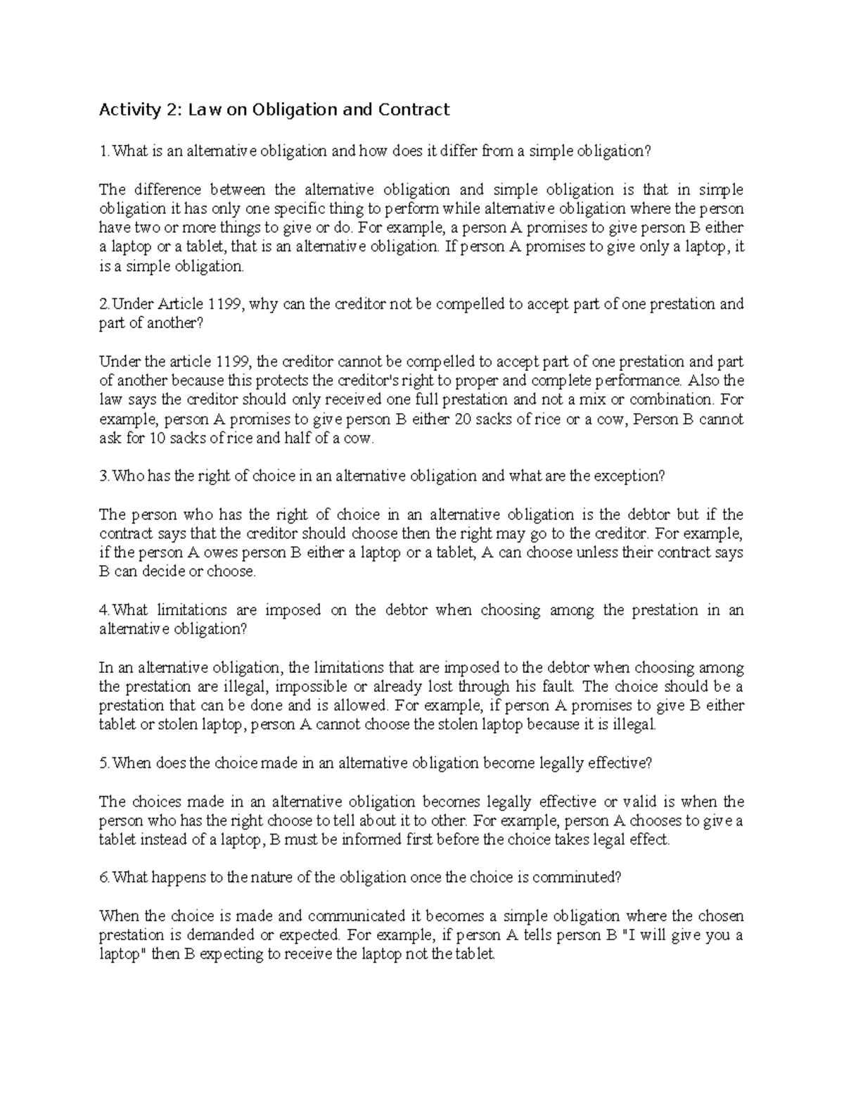 Activity 2: Law on Obligation and Contract - Alternative vs. Simple ...
