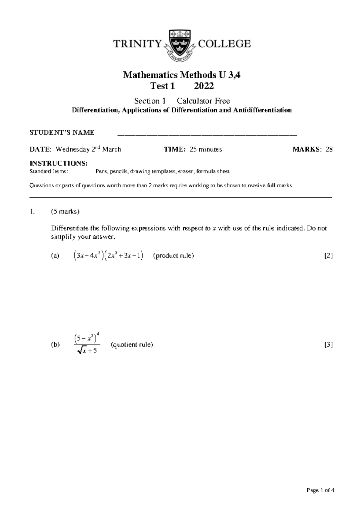 Mathematics Methods U 3,4 Test 1 2022 - Differentiation & Applications ...