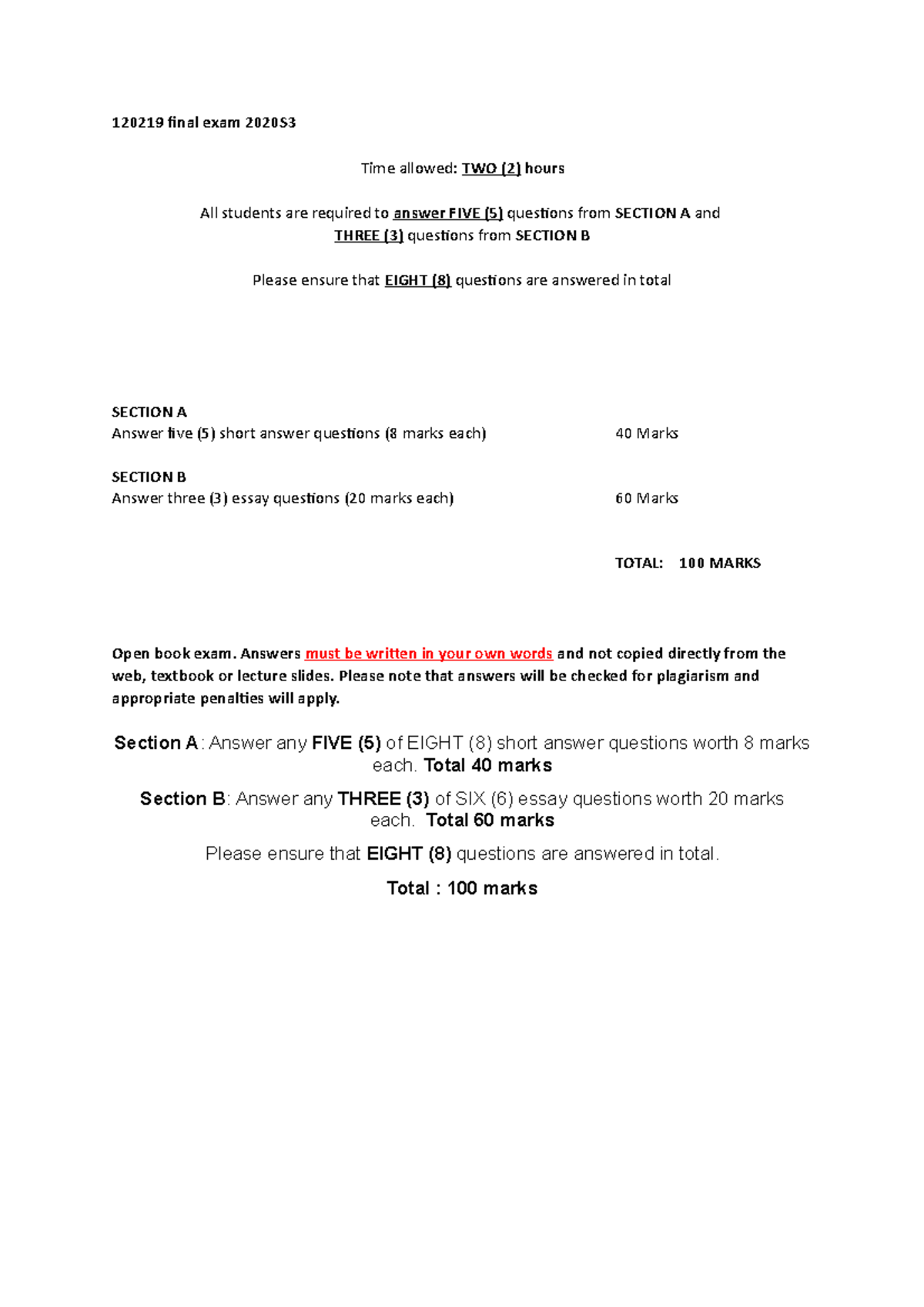 120219 Final Exam 2020 - Comprehensive Overview of Plants and People ...
