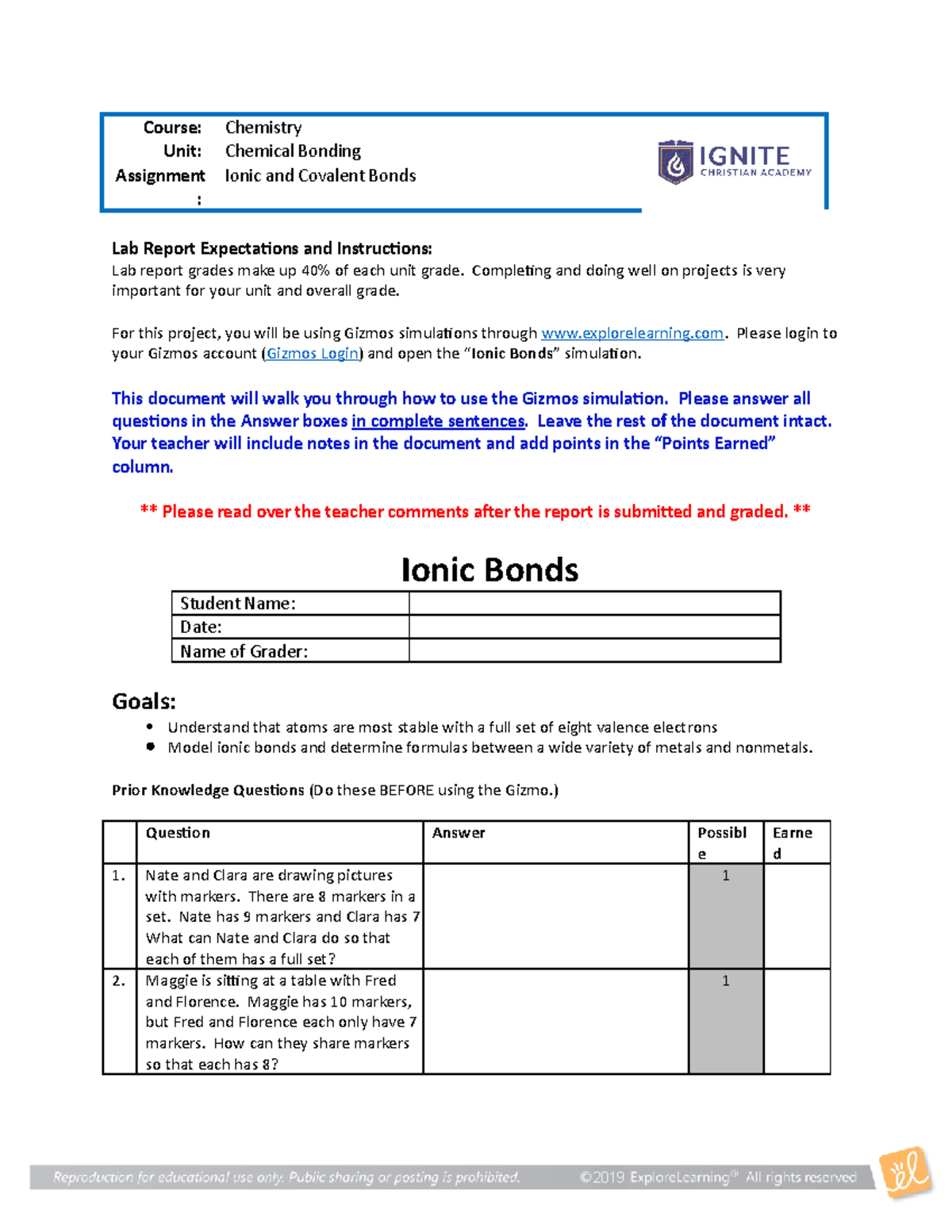 Lastname Chem03 Ionic Bonds - Course: Chemistry Unit: Chemical Bonding Assignment : Ionic and ...