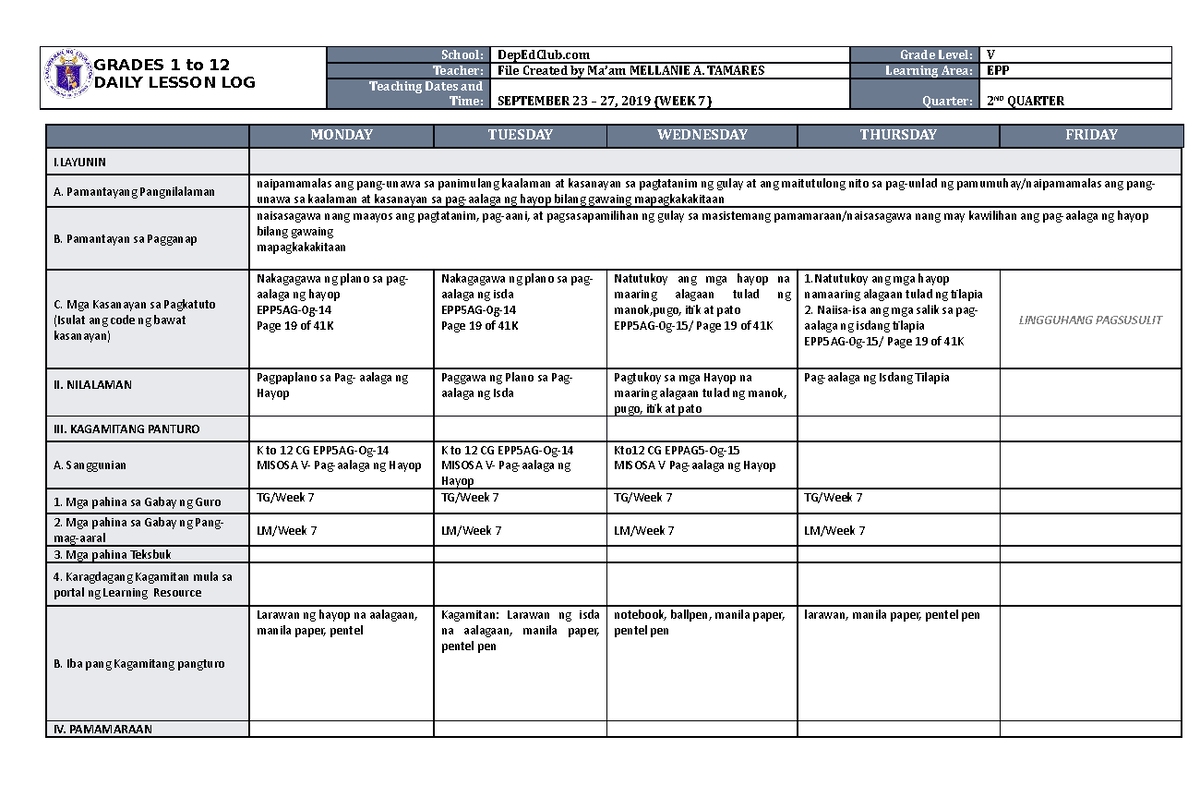 DLL EPP 5 Q2 W7 - dll epp 5 q2 week 7 - GRADES 1 to 12 DAILY LESSON LOG School: DepEdClub Grade ...