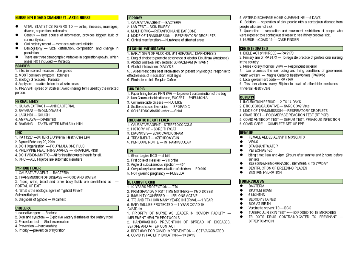 NP1 Astig Nurse Vital Statistics & Health Protocols Cram Sheet - Studocu