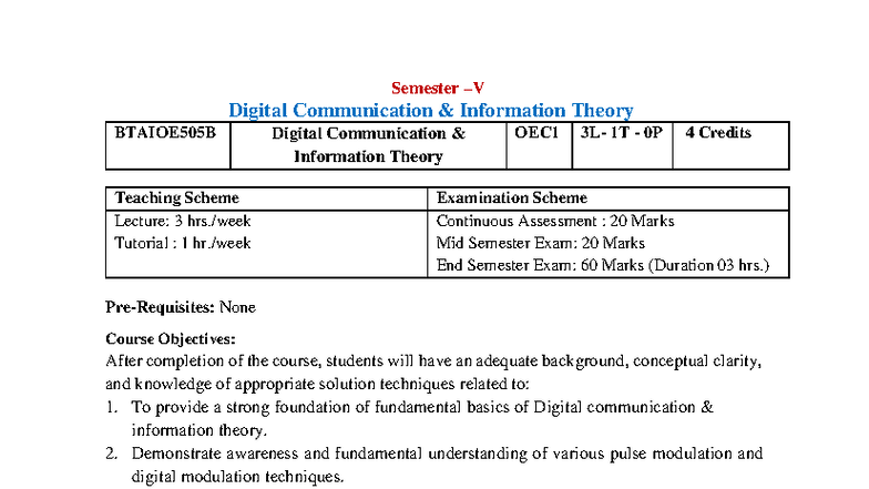Digital Communication & Information Theory BTAIOE505B Lecture Notes ...