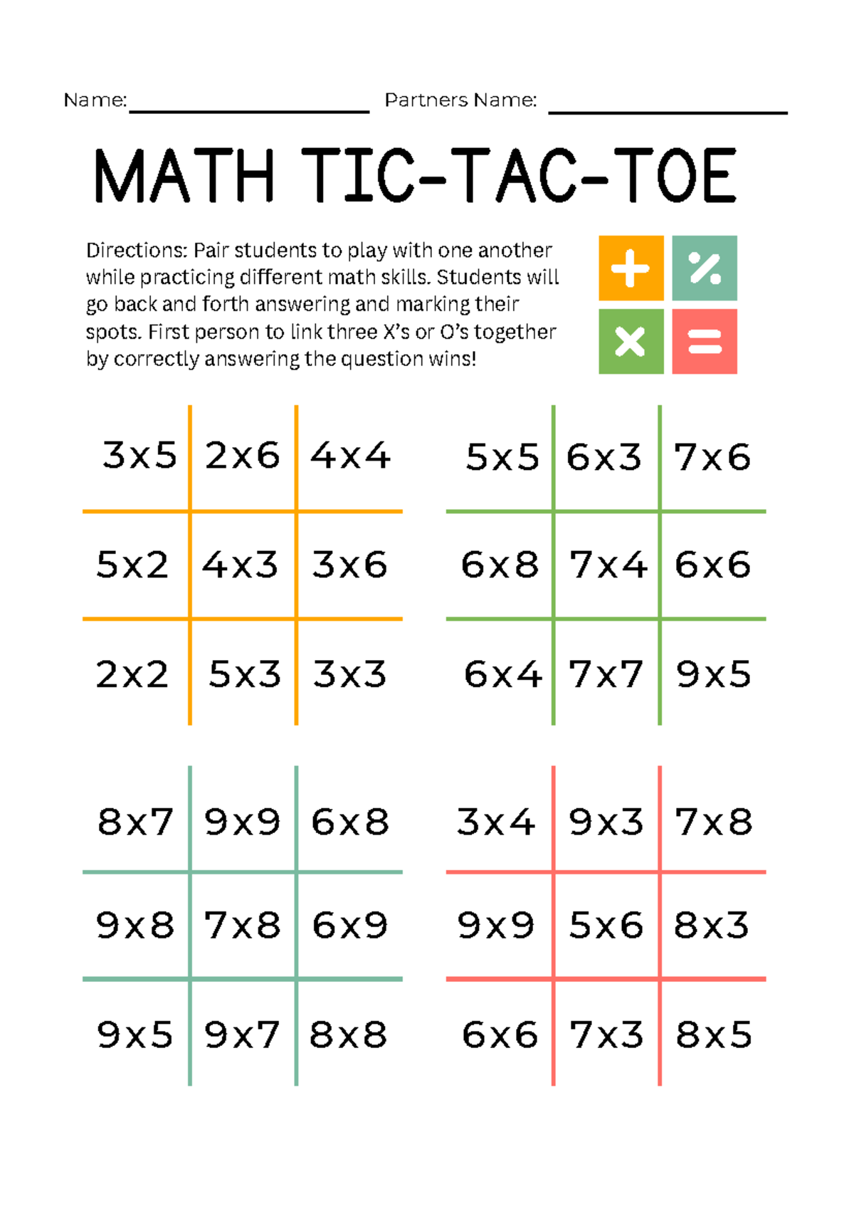 Colorful Math Multiplication Tic-Tac-Toe Worksheet - MATH TIC-TAC-TOE ...