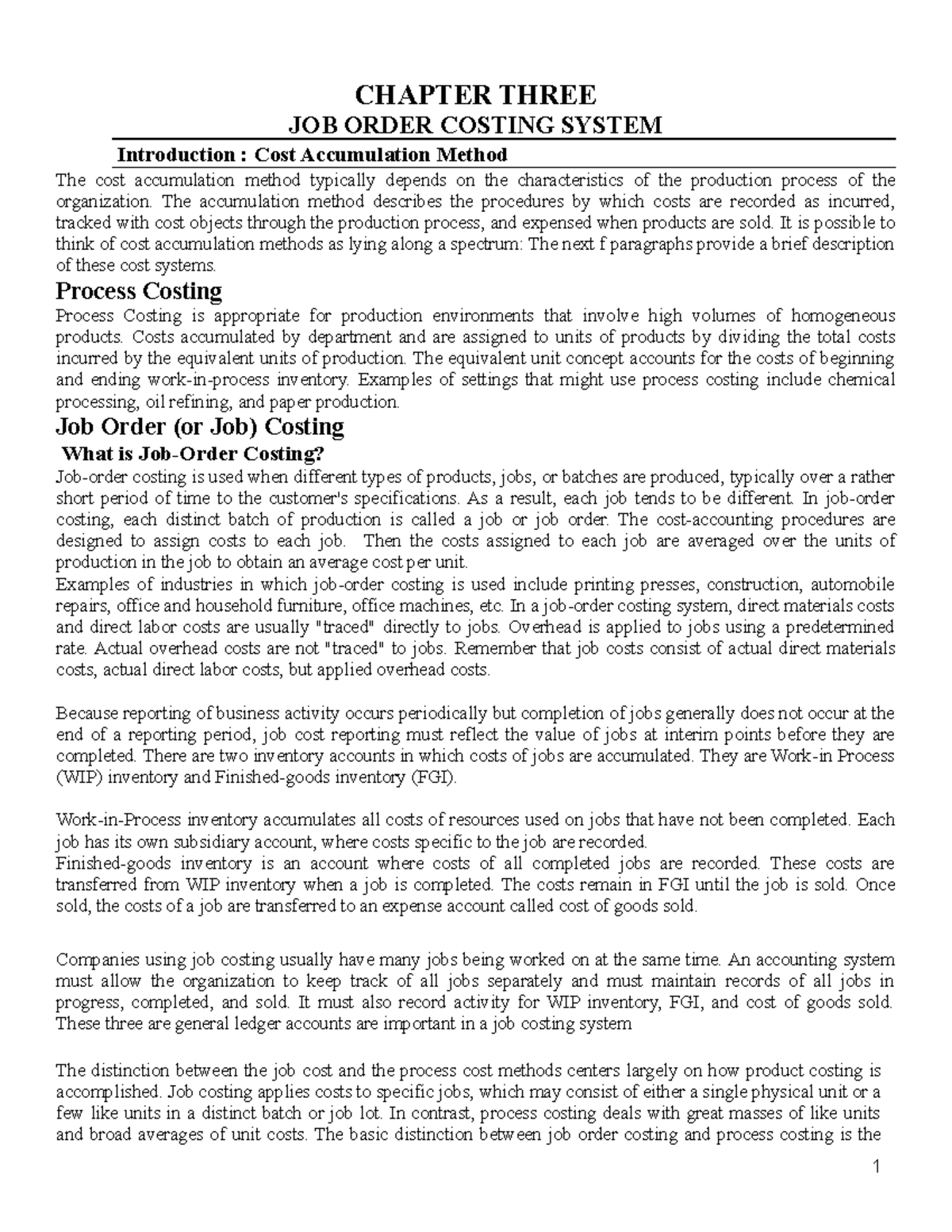 Cost Accounting - Chapter 3: Job Order Costing System Overview - Studocu