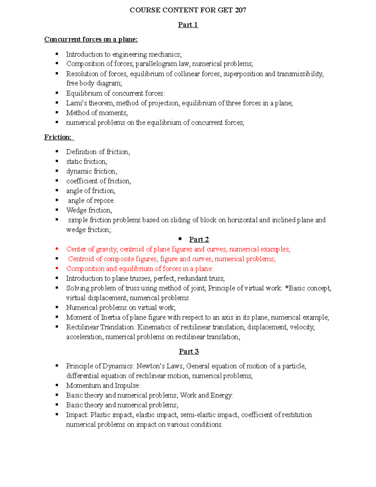 GET 207 Course Content: Engineering Mechanics Overview - Studocu