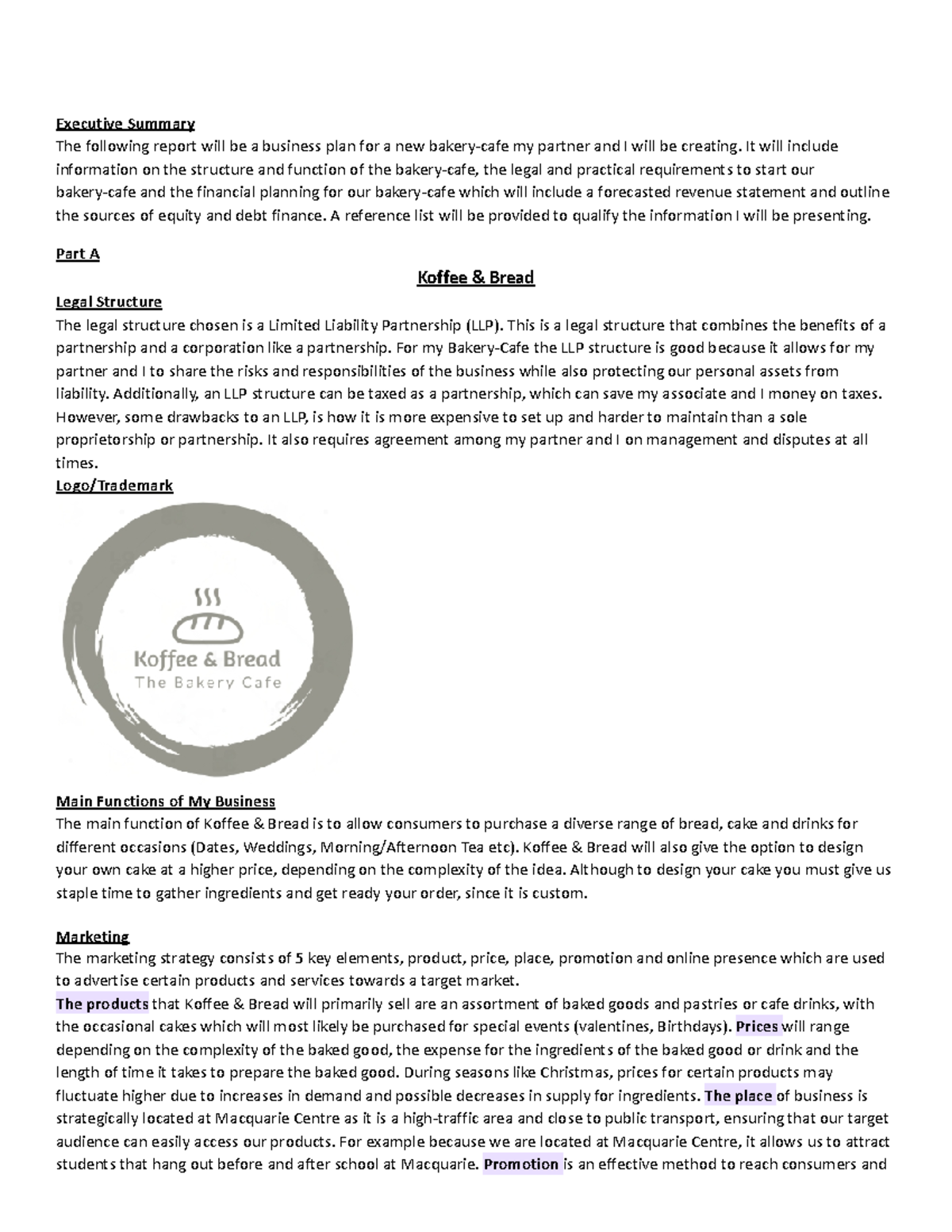 Year 9 Commerce: Bakery-Cafe Business Plan for Koffee & Bread - Studocu