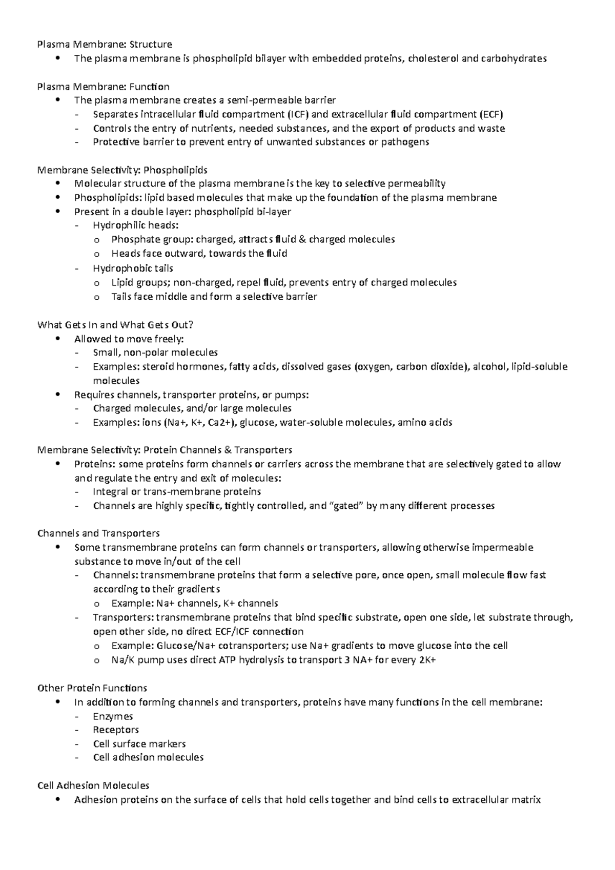 Plasma Membrane notes - Plasma Membrane: Structure The plasma membrane ...