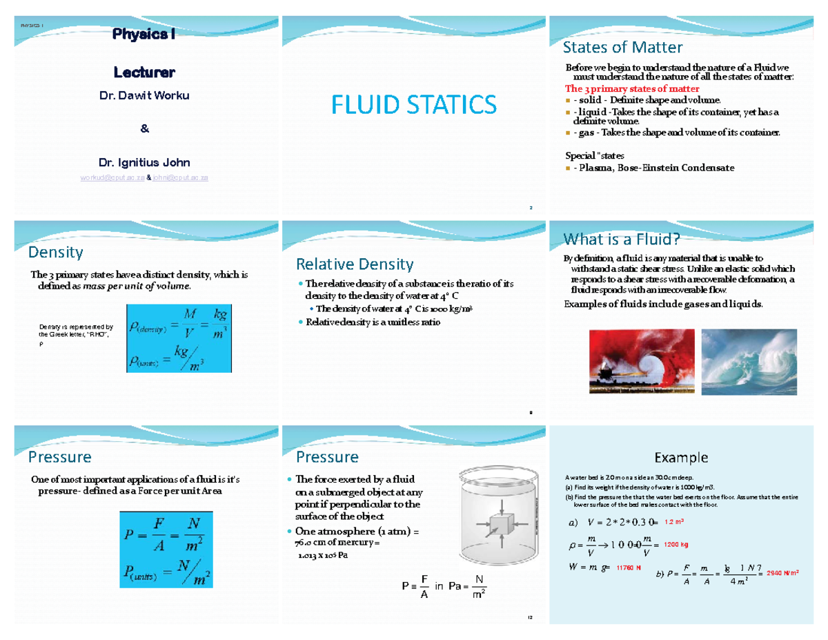 Lecture Notes on Fluid Statics & Dynamics | PHYSICS 1 - Studocu