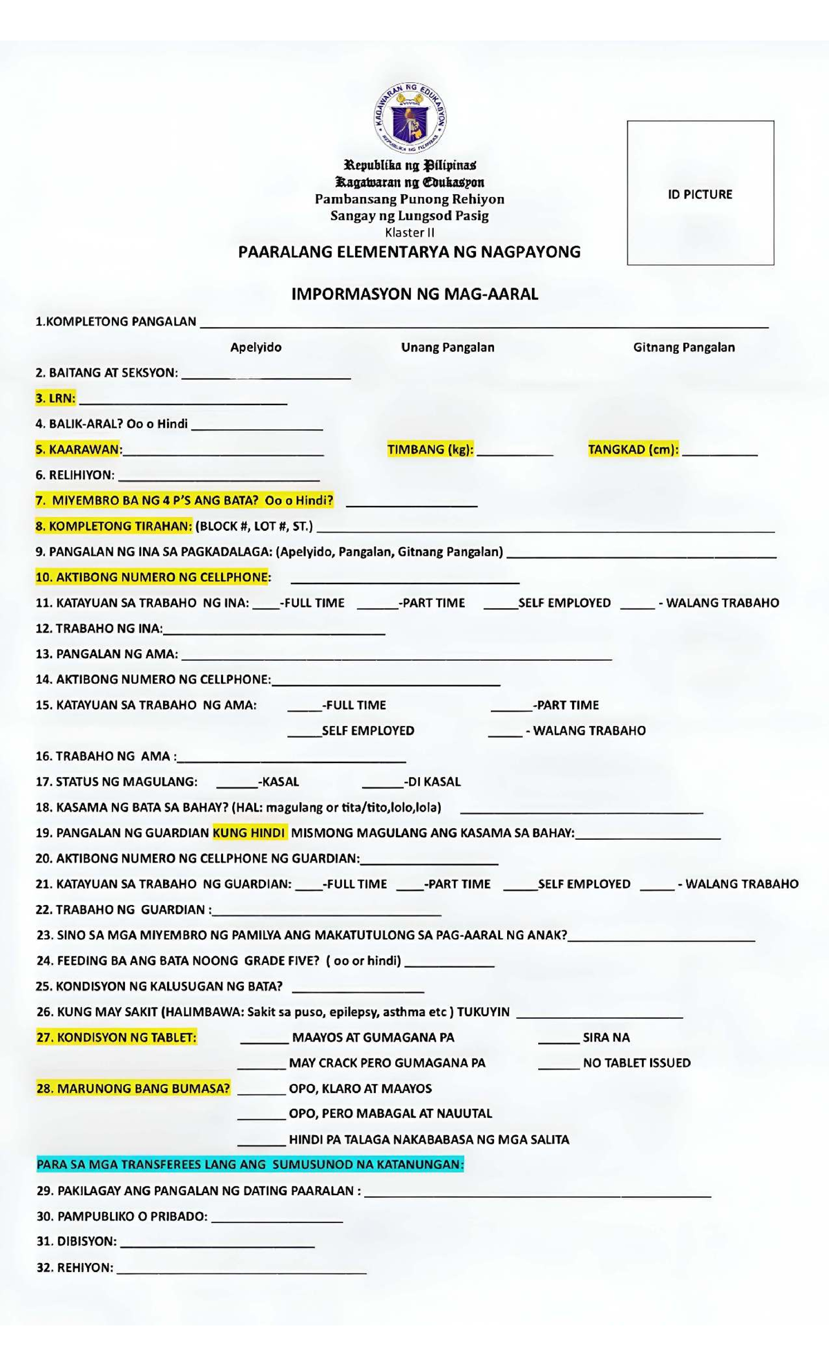Form ng Impormasyon para sa ID Picture ng Mag-aaral (NG 2023) - Studocu