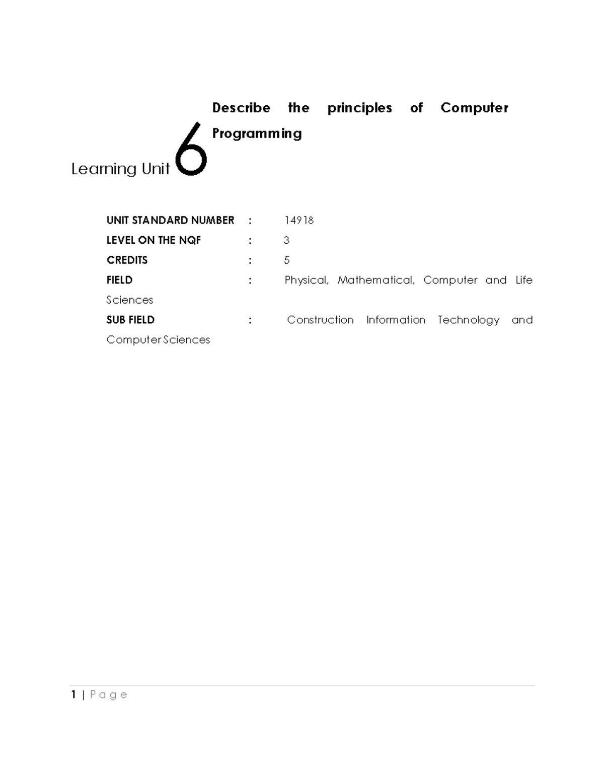 Apply the principles of Computer Programming - Learning Unit 2 UNIT ...