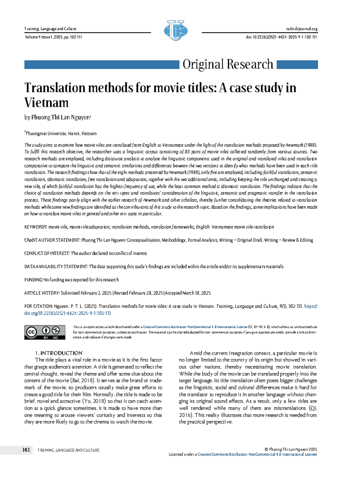 Translation Methods for Movie Titles: A Case Study in Vietnam (TLC 9.1 ...