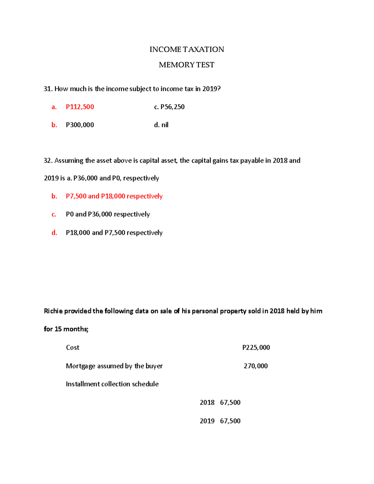 Income Taxation - Final Exam Part 2 Review Questions and Answers - Studocu