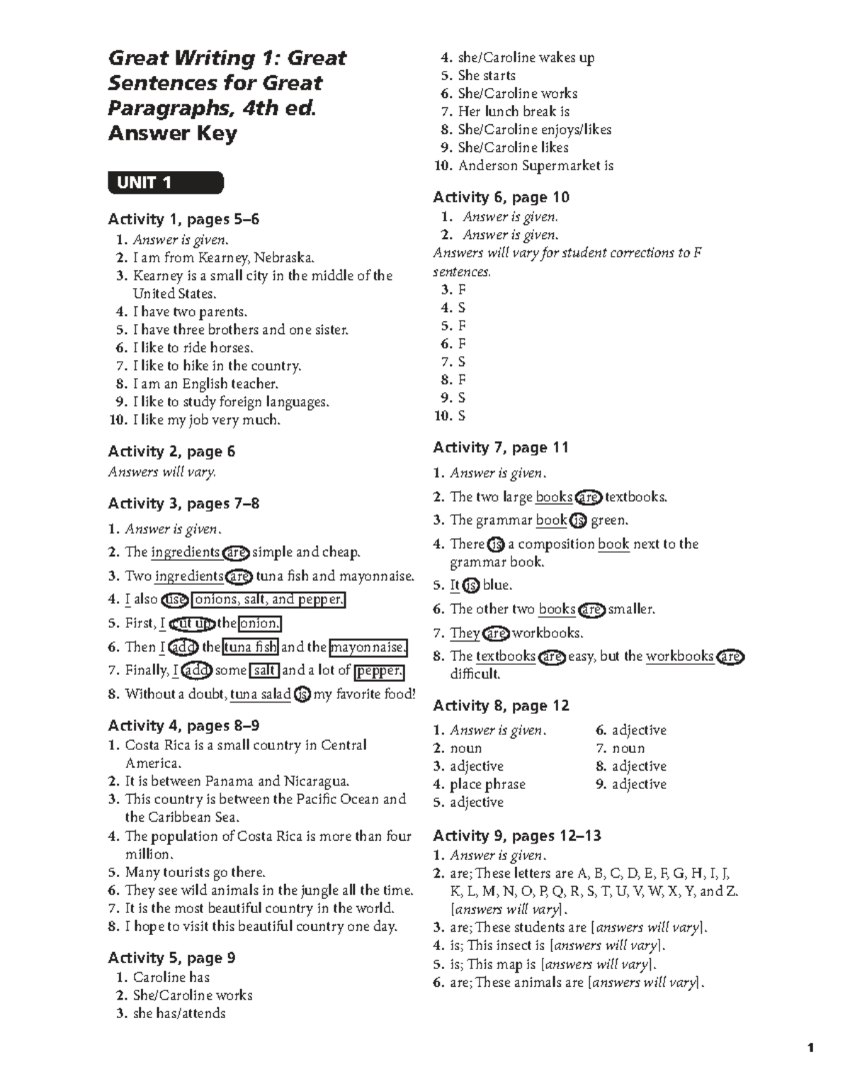 Great Writing 1: 4th Edition Answer Key for Activities and Exercises ...