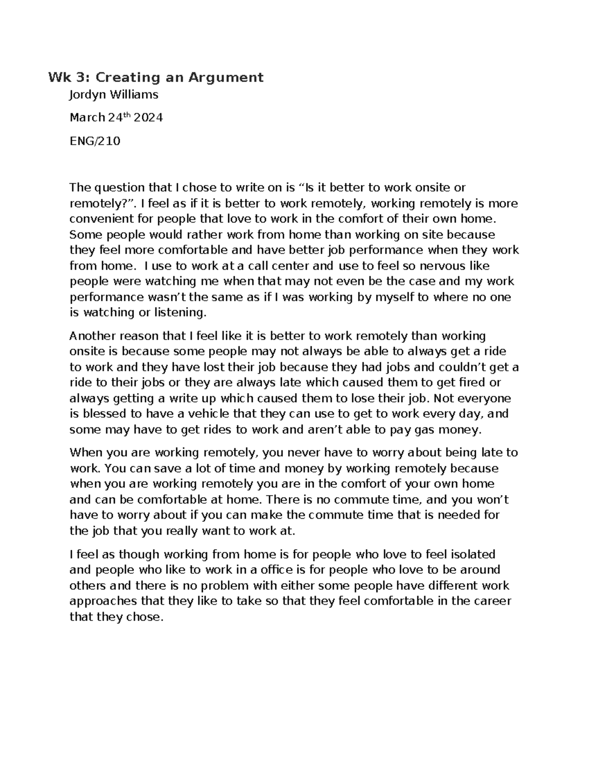 Wk 3: Argumentative Essay on Remote vs Onsite Work - Studocu