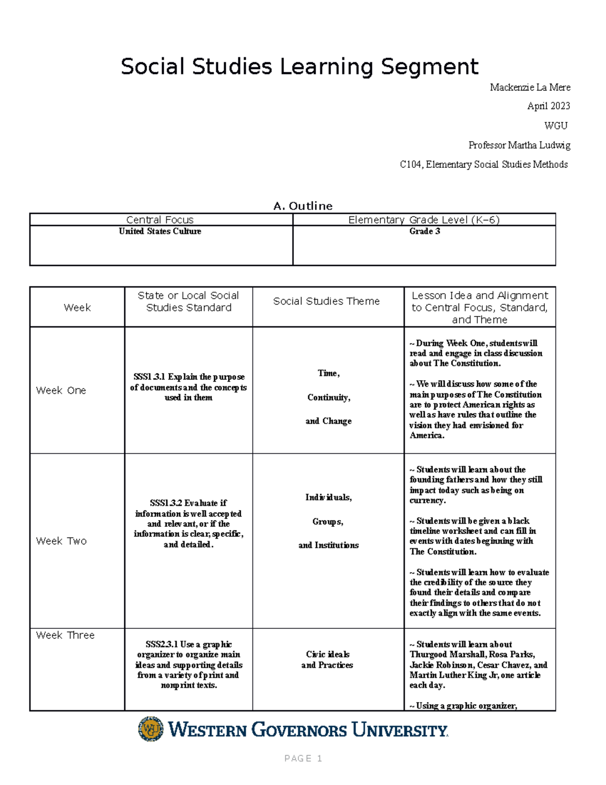 3rd Grade Social Studies Learning Segment Outline (C104) - Studocu