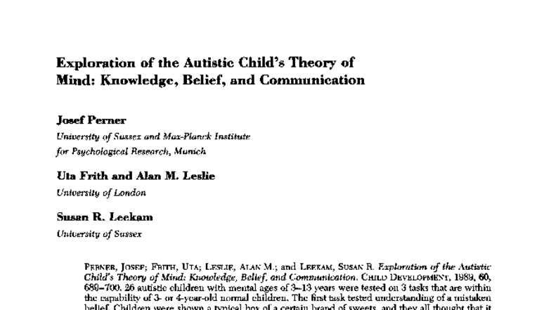 CHILD DEVELOPMENT 1989: Autistic Theory of Mind Study by Perner et al ...