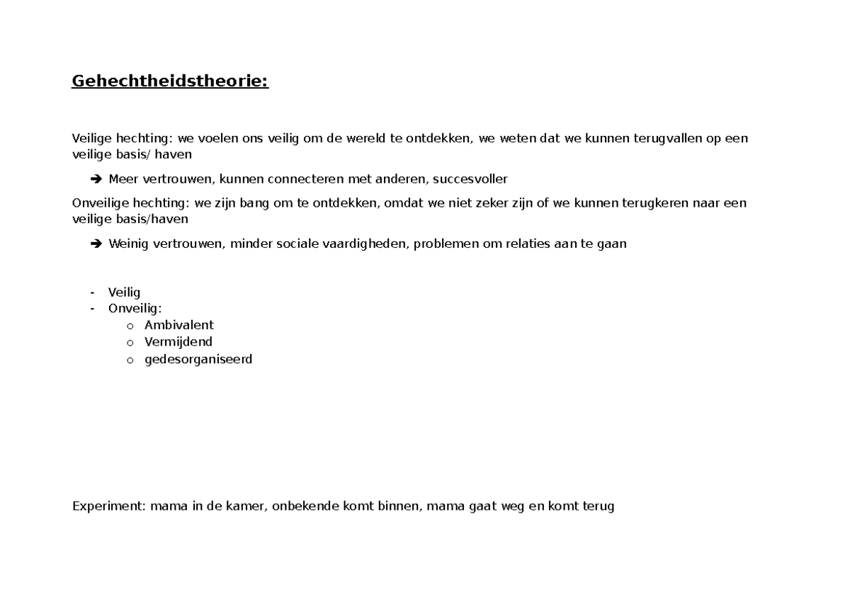 Schema Gehechtheidstheorie: Veilige en Onveilige Hechting - Studocu