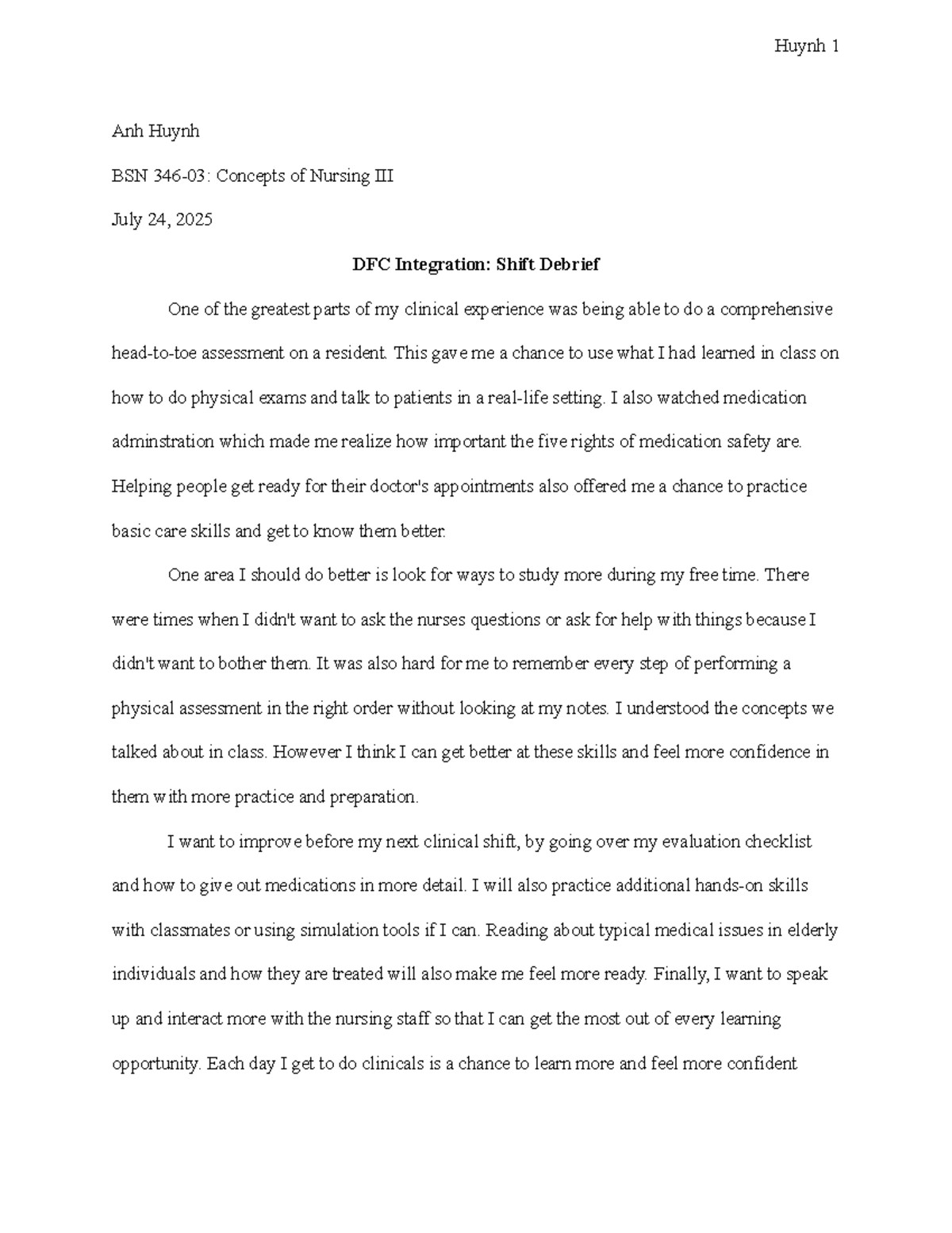 DFC BSN Clinical Experience Shift Debrief Notes - Studocu