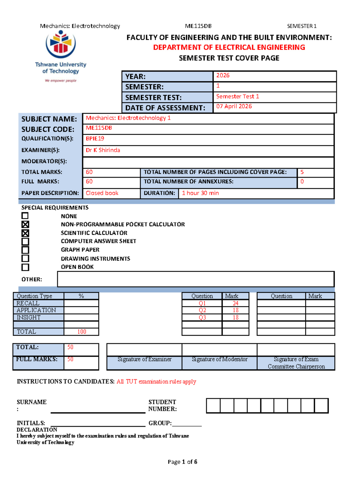 Mechanics: Electrotechnology ME115DB Semester Test 1 Memo 2026 - Studocu
