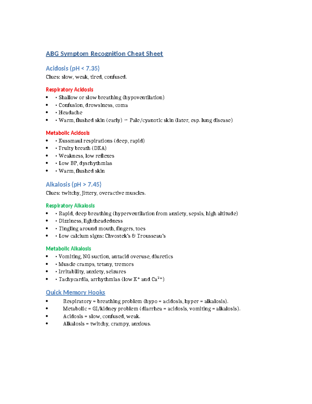 ABG Symptom Recognition Cheat Sheet: Acidosis & Alkalosis - Studocu